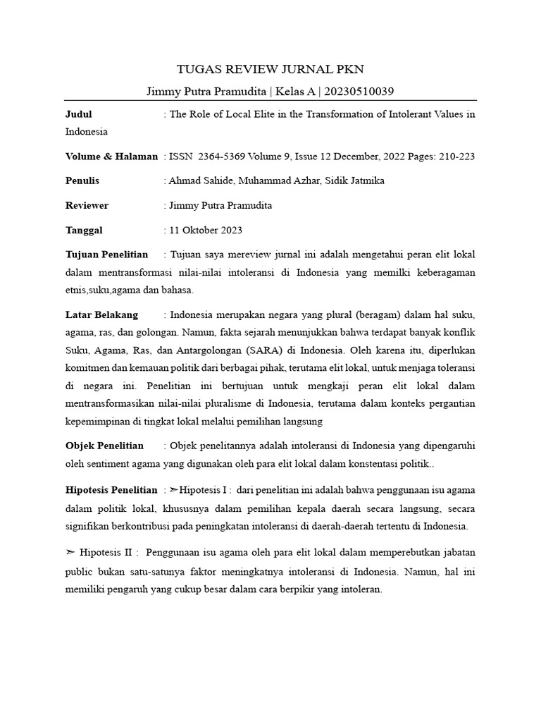 Review Jurnal PPKN - Jimmy Putra Pramudita (20230510039) | PDF | Ilmu Sosial