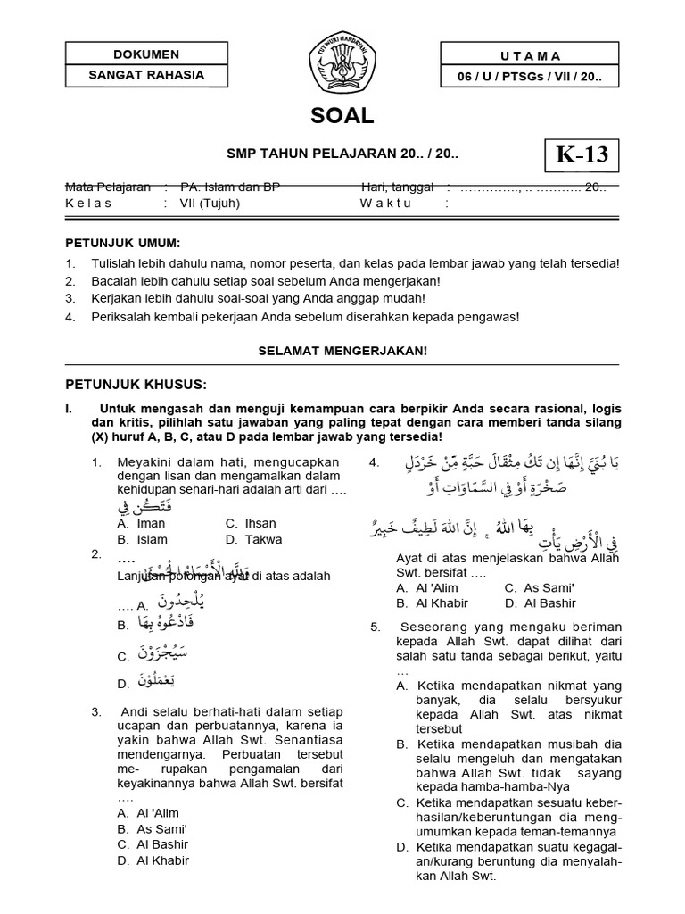 Soal PAI Kelas VII Ganjil K13 | PDF