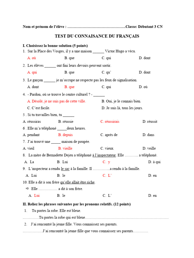 Test de connaissance du français | PDF | Linguistique