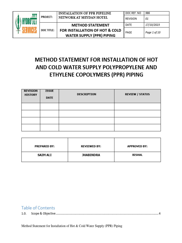 Method Statement For Installation of Hot and Cold Water Supply ...