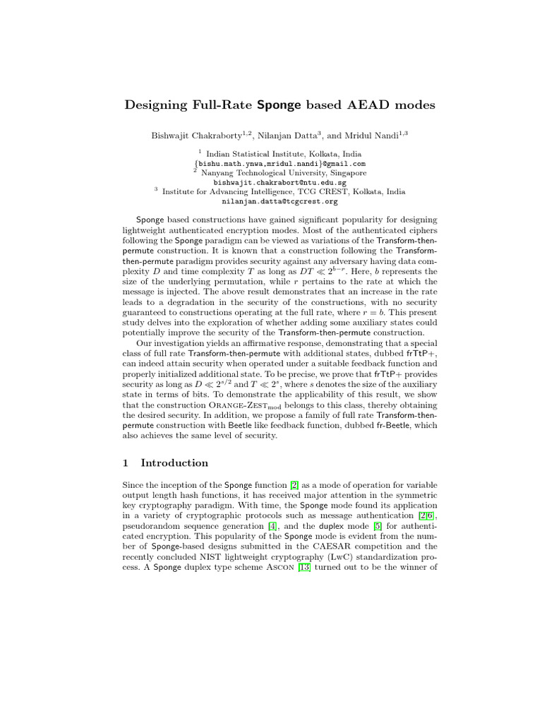 Designing Full-Rate Sponge Based AEAD Modes | PDF | Cryptography ...