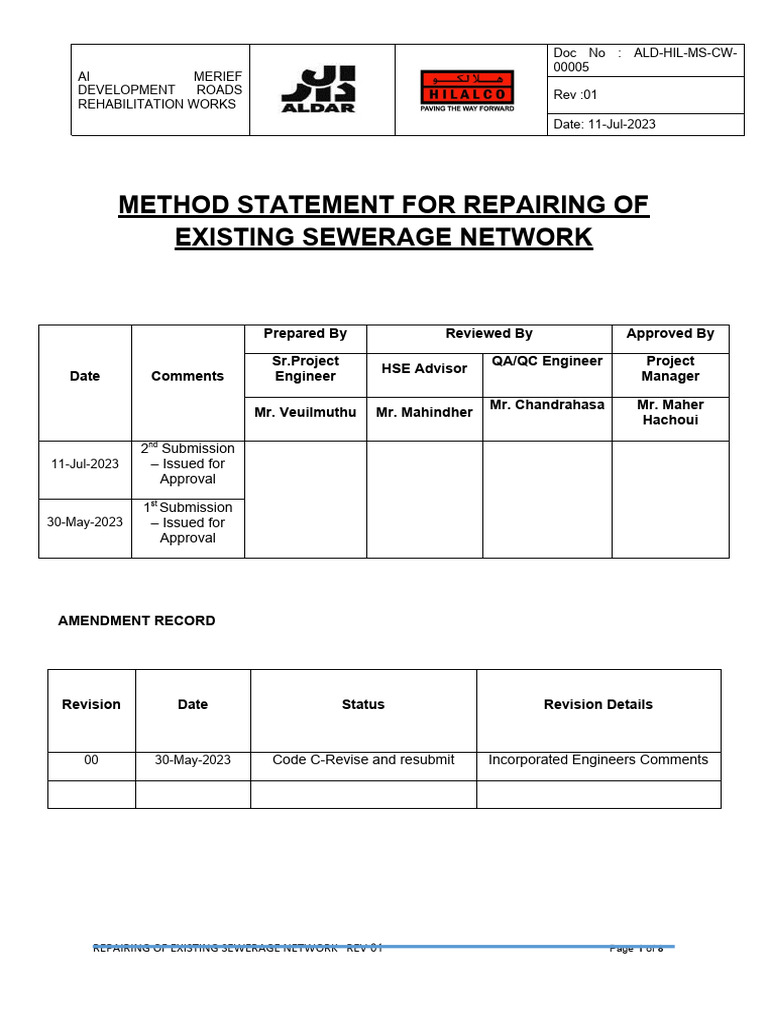 Method Statement For Repairing of Existing Sewerage Network | PDF ...