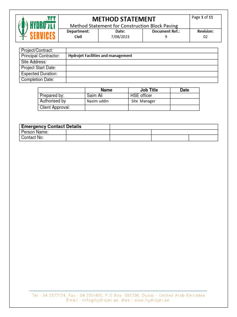 Method Statement For Construction Block Paving | PDF | Occupational Safety And Health | Concrete