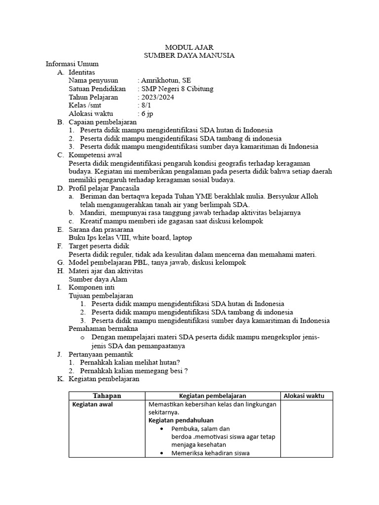 Modul Ajar Sumber Daya Alam Kelas 8 | PDF