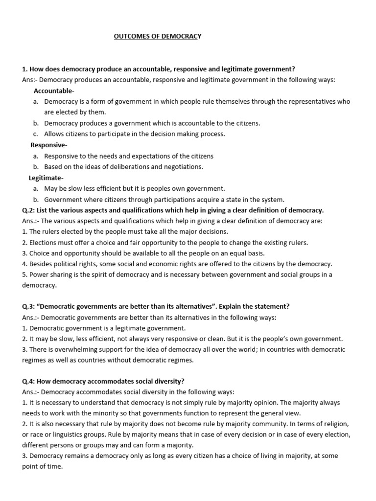 5.outcomes of Democracy Notes | PDF | Democracy | Political Ideologies