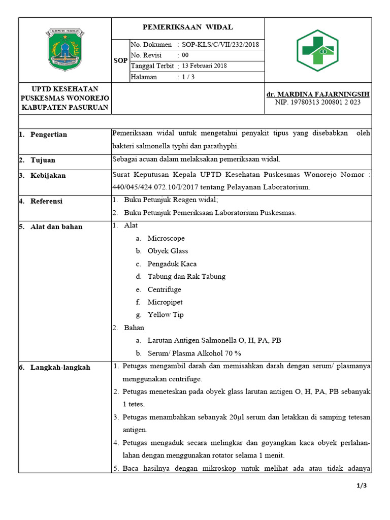 Prosedur Pemeriksaan Widal untuk Tipus | PDF