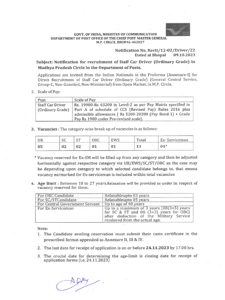 Driver Post Notification in Respect of MP Circle | PDF | Driver's ...
