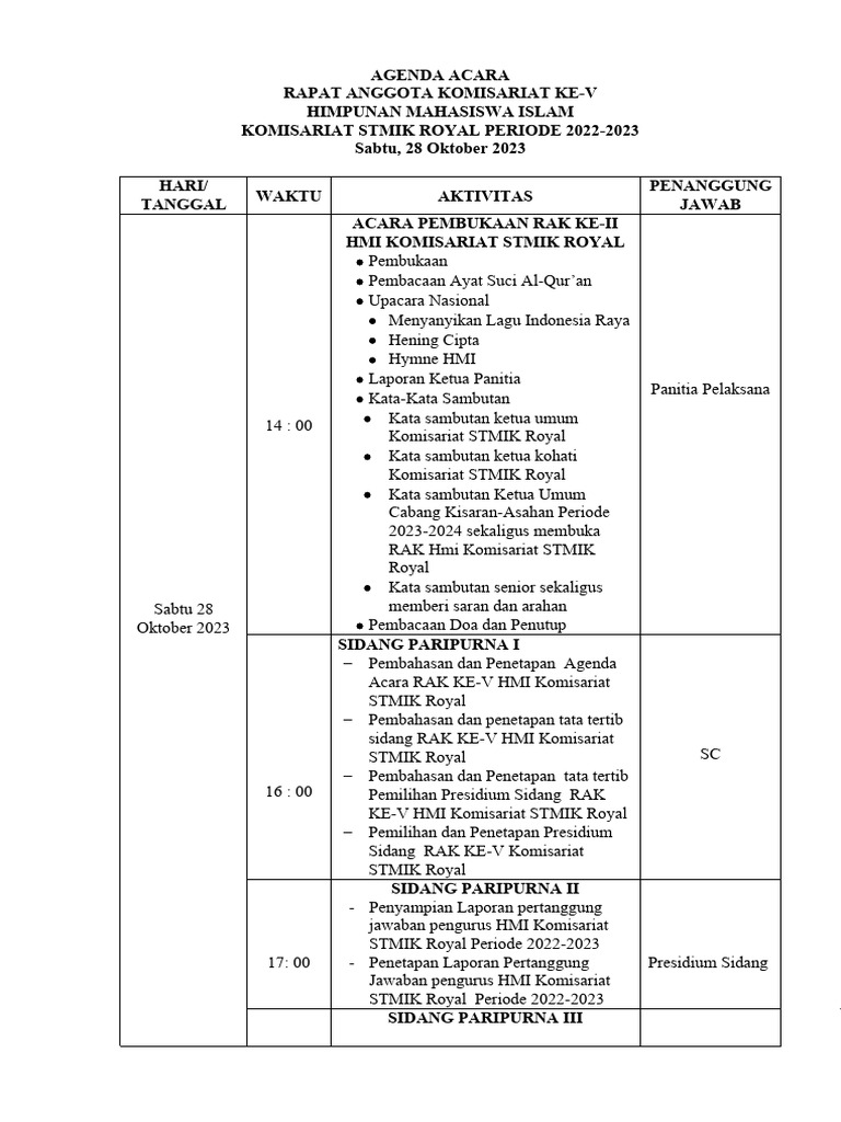 Draf Rak Agenda Acara Stmik Royal Periode 2022-2023 | PDF