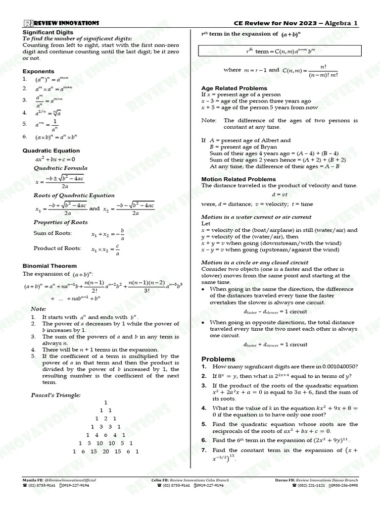 2023 Nov Algebra 1 | PDF | Quadratic Equation | Equations