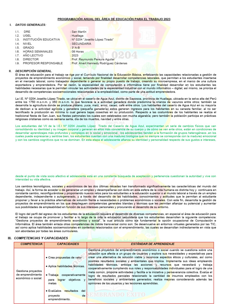 Plan Anual EPT Computacion - 3ro - 0204 - JLT | PDF | Aprendizaje | Iniciativa empresarial