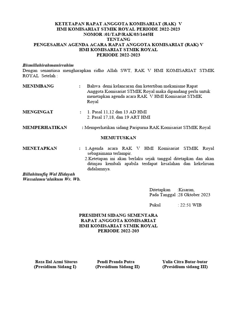 Ketetapan RAK V HMI STMIK Royal 2022-2023 | PDF