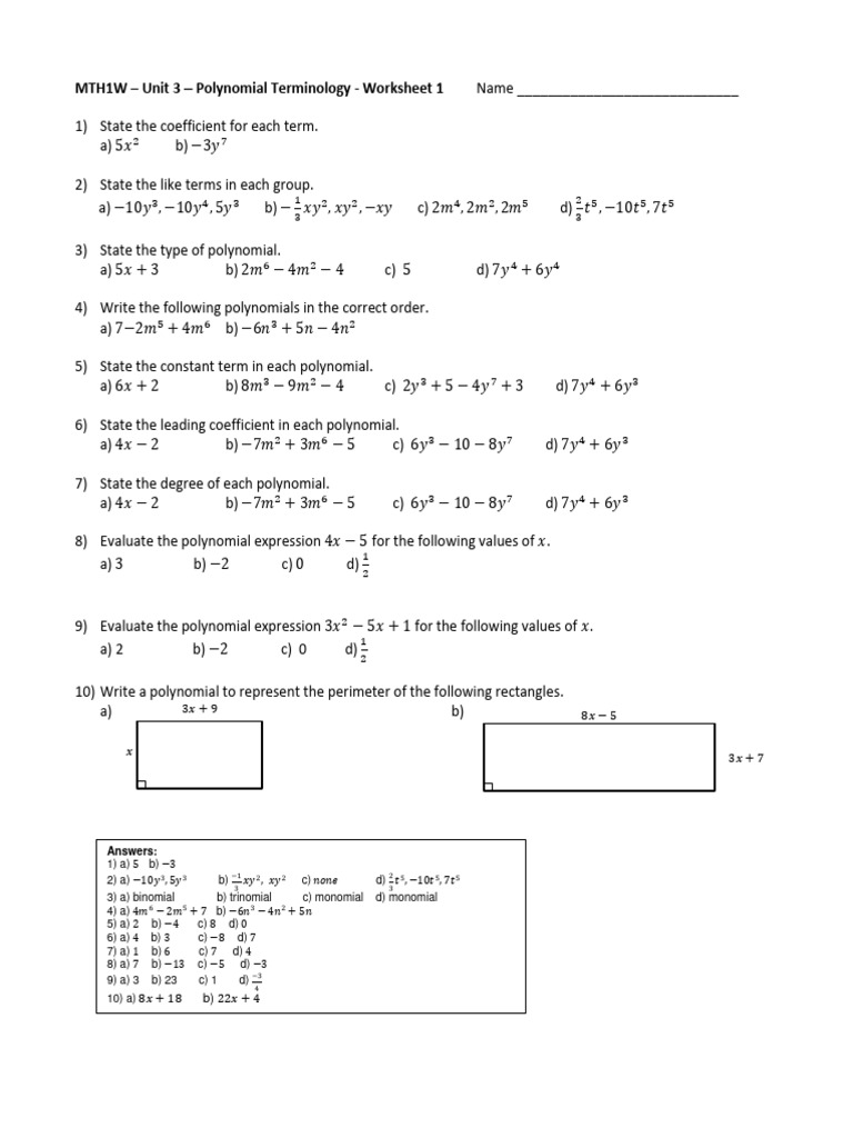 Worksheet 1 Polynomial Terminology | PDF | Polynomial | Mathematics