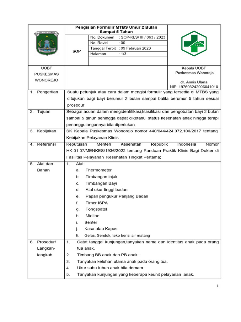 063 SOP Pengisian Formulir MTBS | PDF
