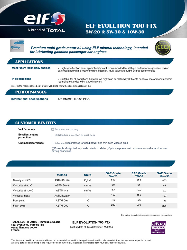 Elf Evolution 700 FTX 5W30 | PDF | Motor Oil | Vehicle Technology
