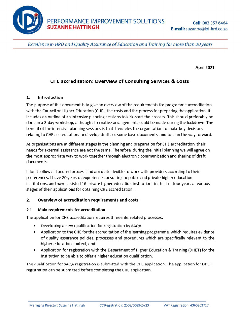 CHE Accreditation - Overview of Consulting Services and Costs - April 2021 - 0 | PDF