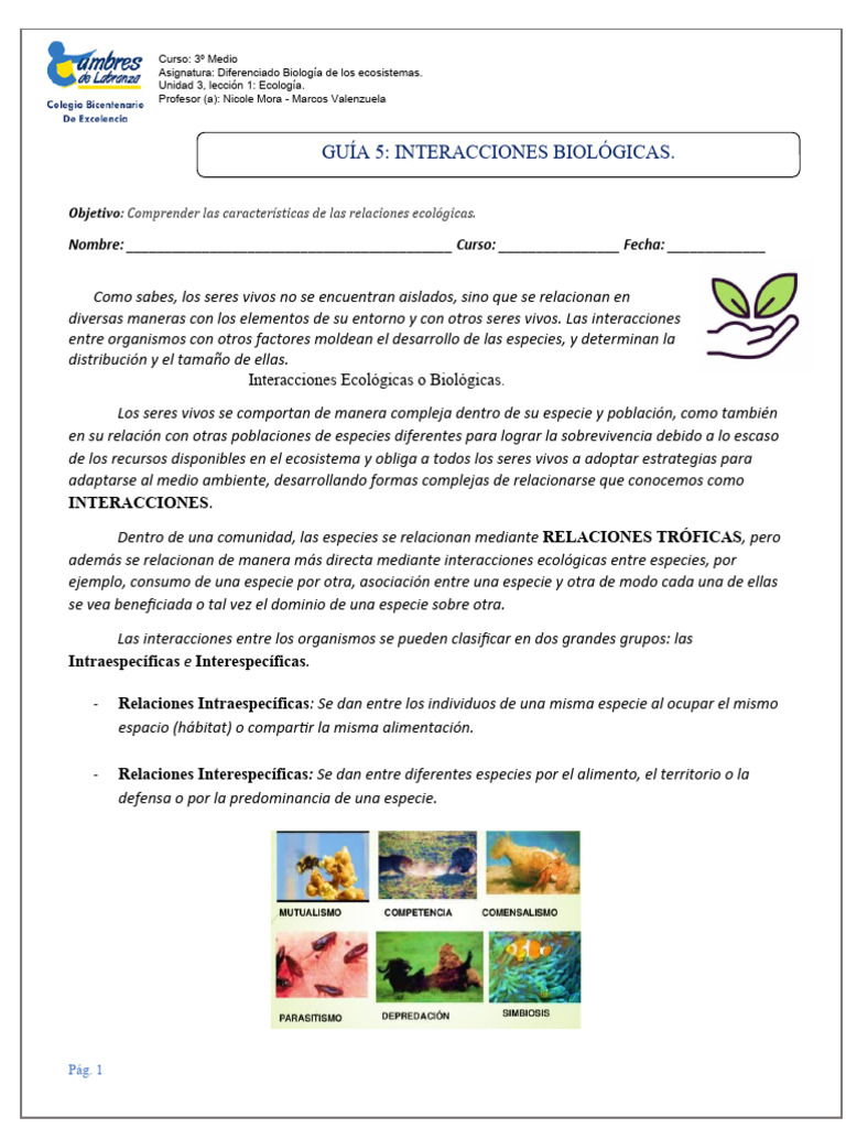 Guía 5 Interacciones biologicas I | PDF | Ecología | Biología