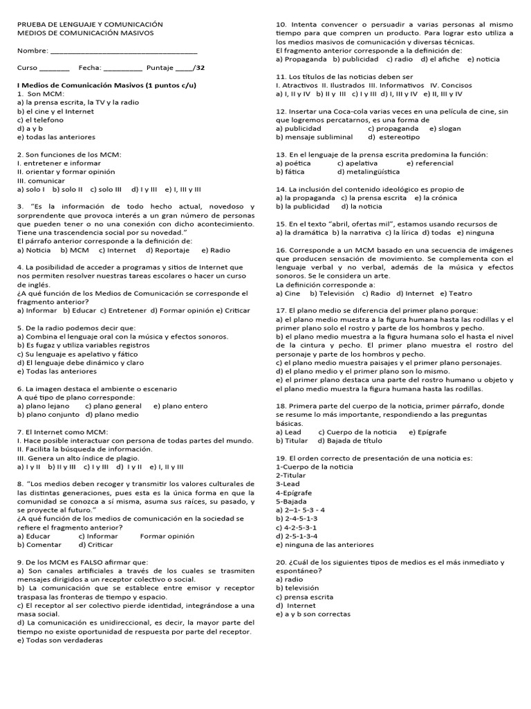 Prueba Medios de Comunicación Masiva | PDF | Medios de comunicación en ...