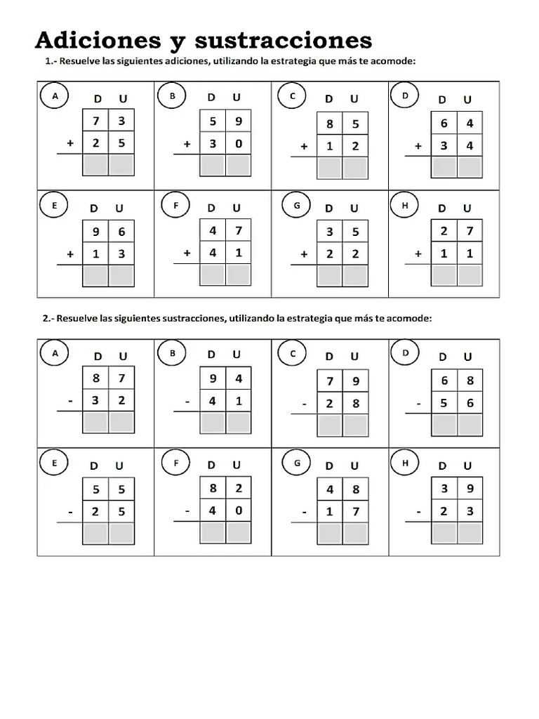 Adiciones Sustracciones Unidades Decenas | PDF