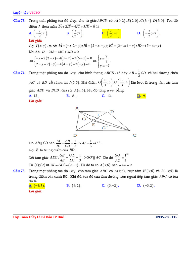 90 Bai Tap Trac Nghiem Vecto Trong Mat Phang Toa Do Co Dap An Va Loi Giai | PDF