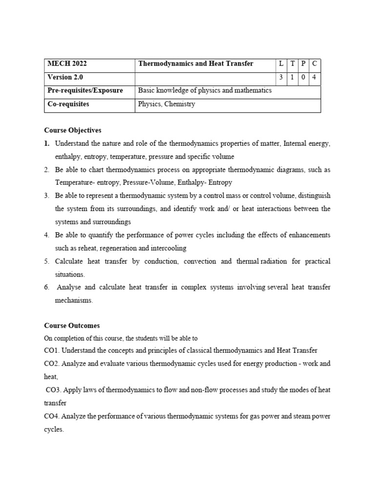 Thermodynamics and Heat Transfer Course Plan | PDF | Heat | Heat Transfer