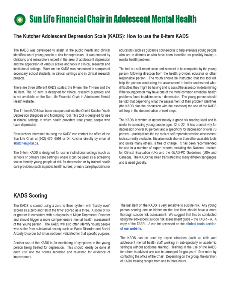 KADS: Adolescent Depression Screening Tool | PDF | Major Depressive ...