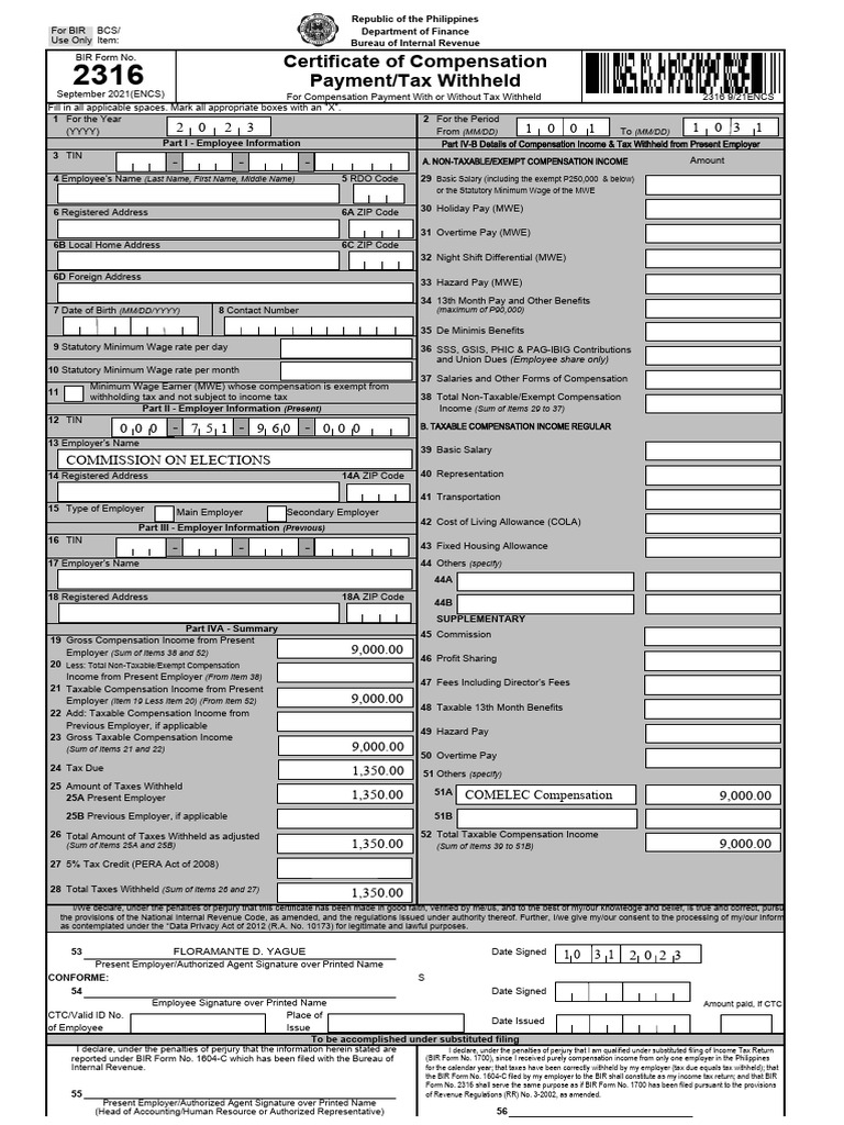 BIR Form 2316: Employee Tax Certificate | PDF | Cost Of Living | Taxes