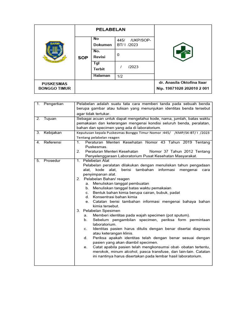 3.9.1.b. Sop Pelabelan Reagensia | PDF