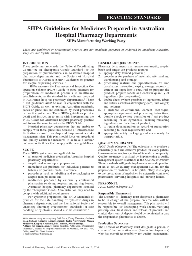 SHPA Guidelines On Manufacturing - Standards in Hospital | PDF ...