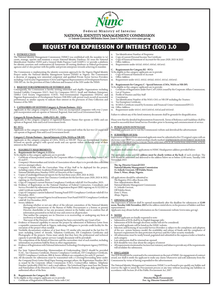 NIMC EXPRESSION OF INTEREST Full PG B&W-1 | PDF | Limited Liability Company | Non Governmental ...