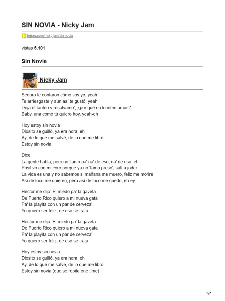 SIN NOVIA - Nicky Jam | PDF