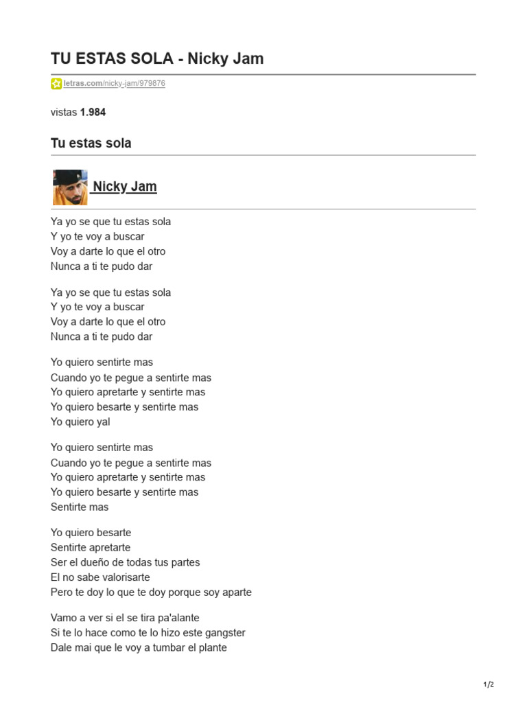 TU ESTAS SOLA - Nicky Jam | PDF