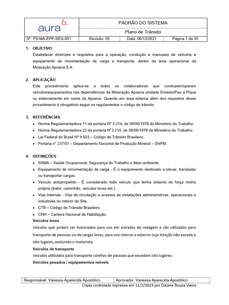 PS MA EPP SEG 001 Plano de Trânsito | PDF | Tráfego | Pneu