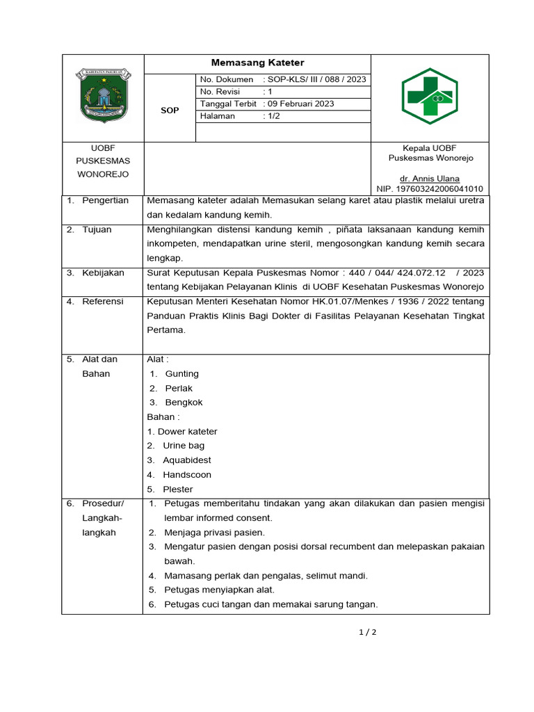 088 SOP Memasang Kateter | PDF | Pengembangan Diri | Sains & Matematika