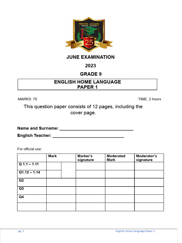 Grade 9 English Home Language Task 5 June Exam Moderated | PDF | Adverb ...