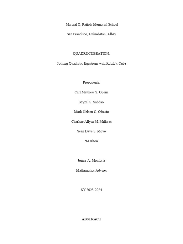 QUADCUBEATION Solving Quadratic Equations With Rubiks Cube | PDF ...