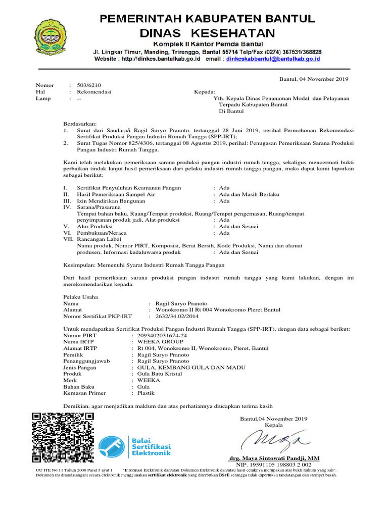 Surat Rekomendasi PIRT | PDF