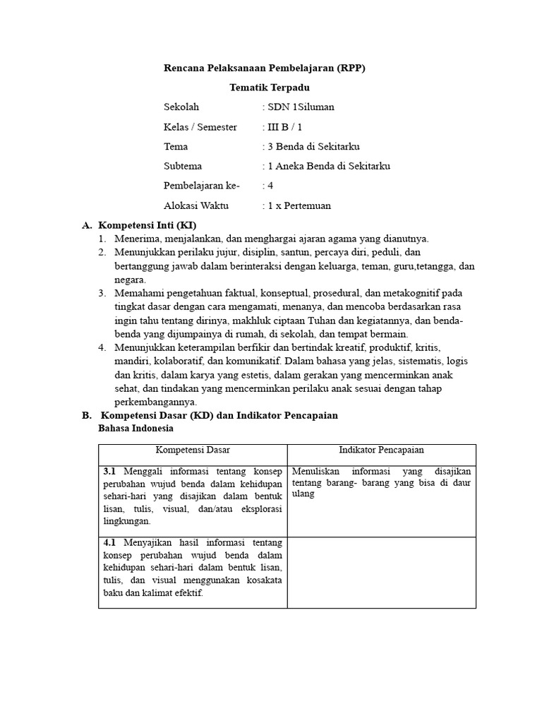 CONTOH RPP Kls 3 Tema 3 Subtema 1 Pb. 4 | PDF | Sains & Matematika