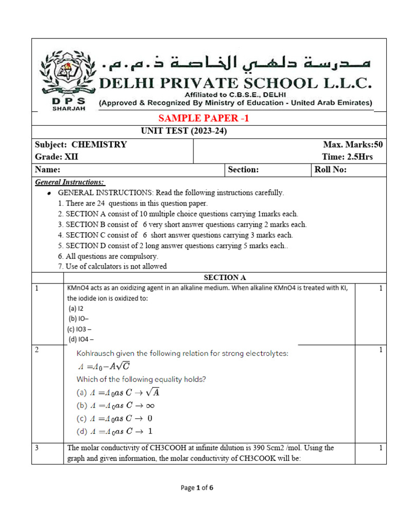 Unit Test Sample Paper Grade 12 Chemistry | Download Free PDF | Acid ...