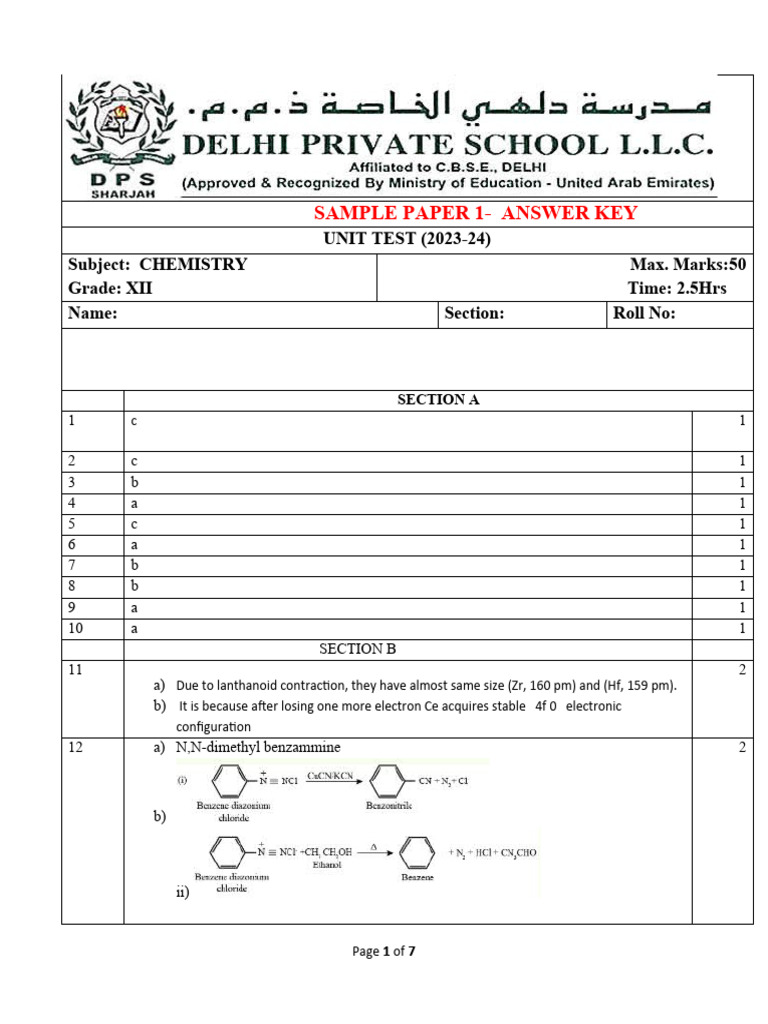 Unit Test Sample Paper - 1 Answer Key | PDF | Acid | Amine