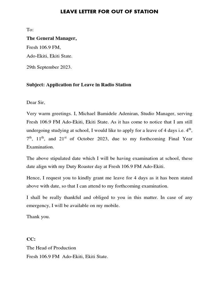 Leave Letter For Out of Radio Station | PDF