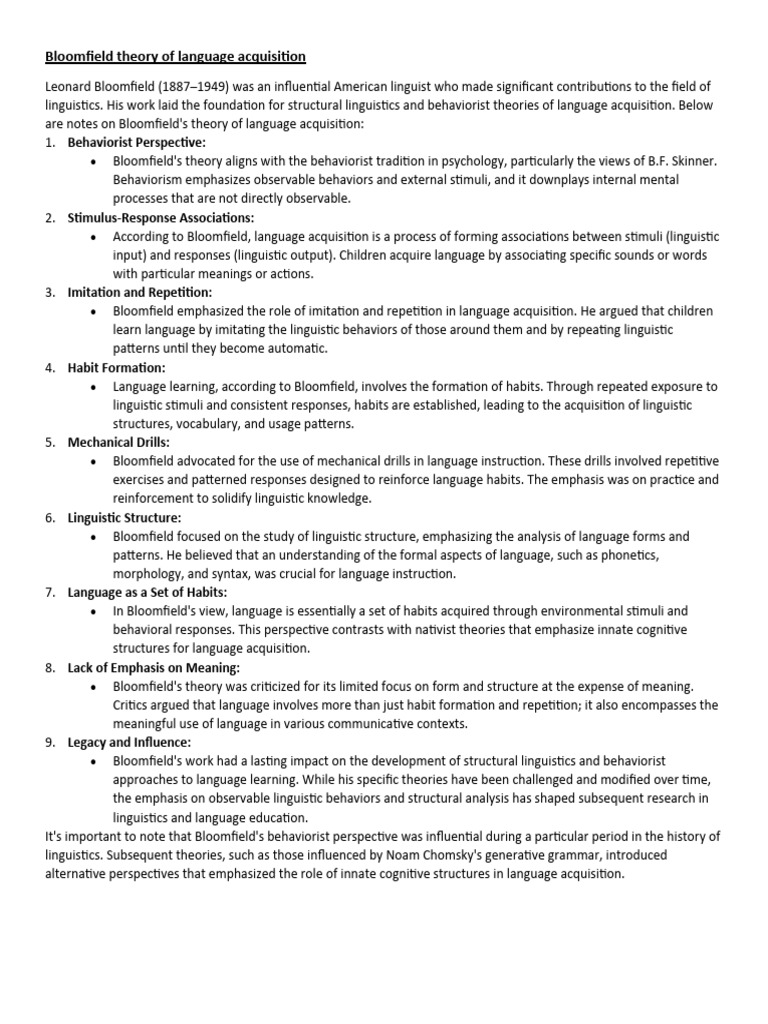 Bloomfield Theory of Language Acquisition | Download Free PDF ...