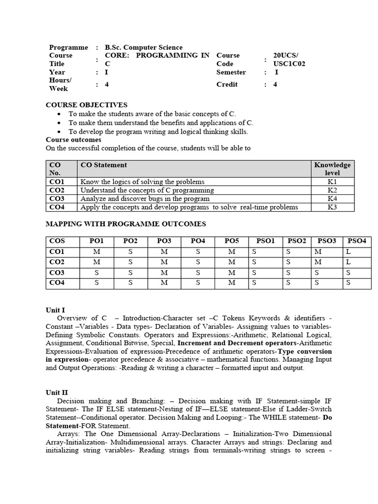 Programming In C Syllabus Pdf Pointer Computer Programming Parameter Computer Programming 2521