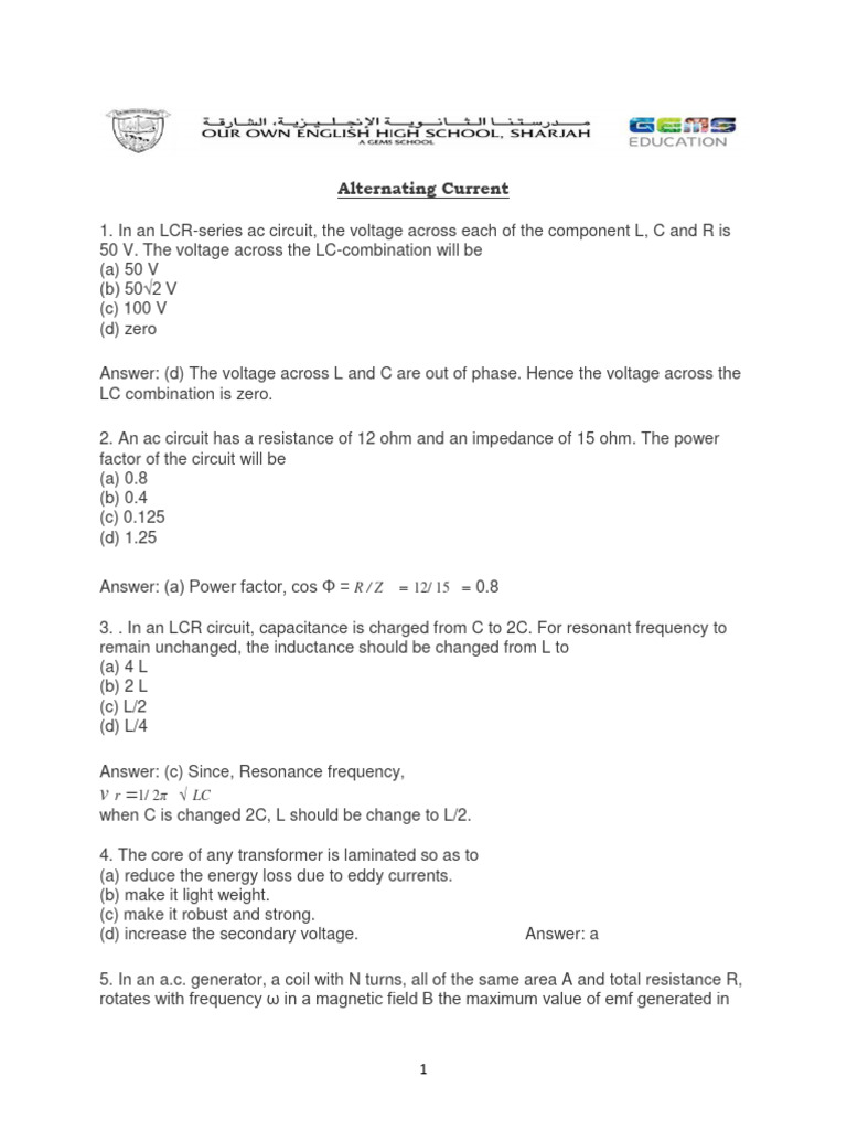 AC 1 Mark Questions | PDF | Inductor | Inductance