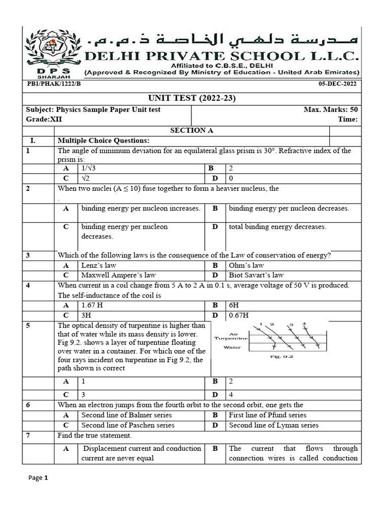 Class 12 Physics Unit Test Paper | PDF | Magnetism | Inductance