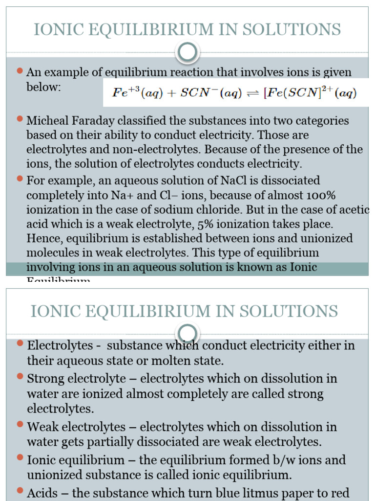 Ionic Equilibrium in Solutions | PDF | Dissociation (Chemistry) | Ionic ...