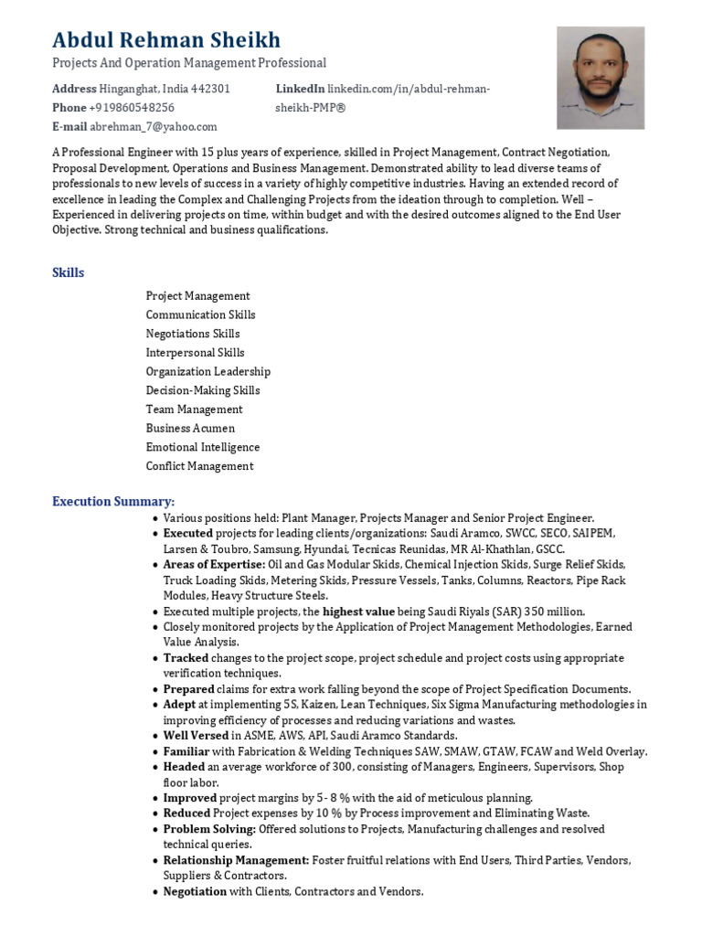 AbdulRehman Sheikh CV | PDF | Project Management | Performance Indicator