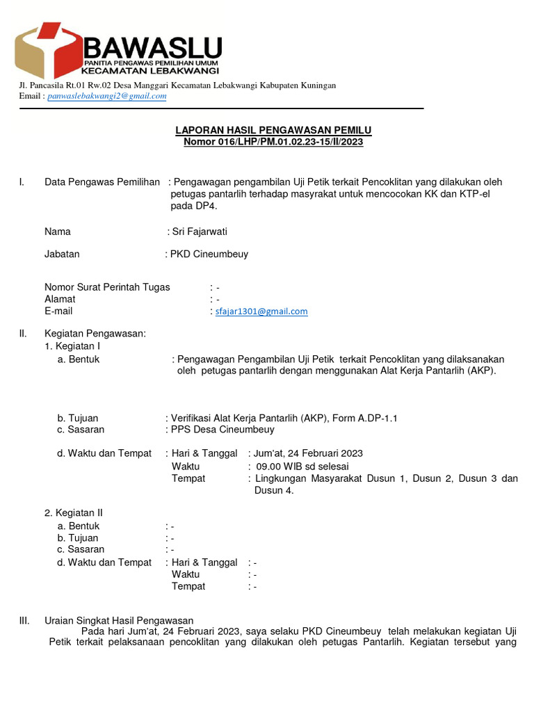Laporan Hasil Pengawasan Pemilu Nomor 016/LHP/PM.01.02.23-15/II/2023 | PDF