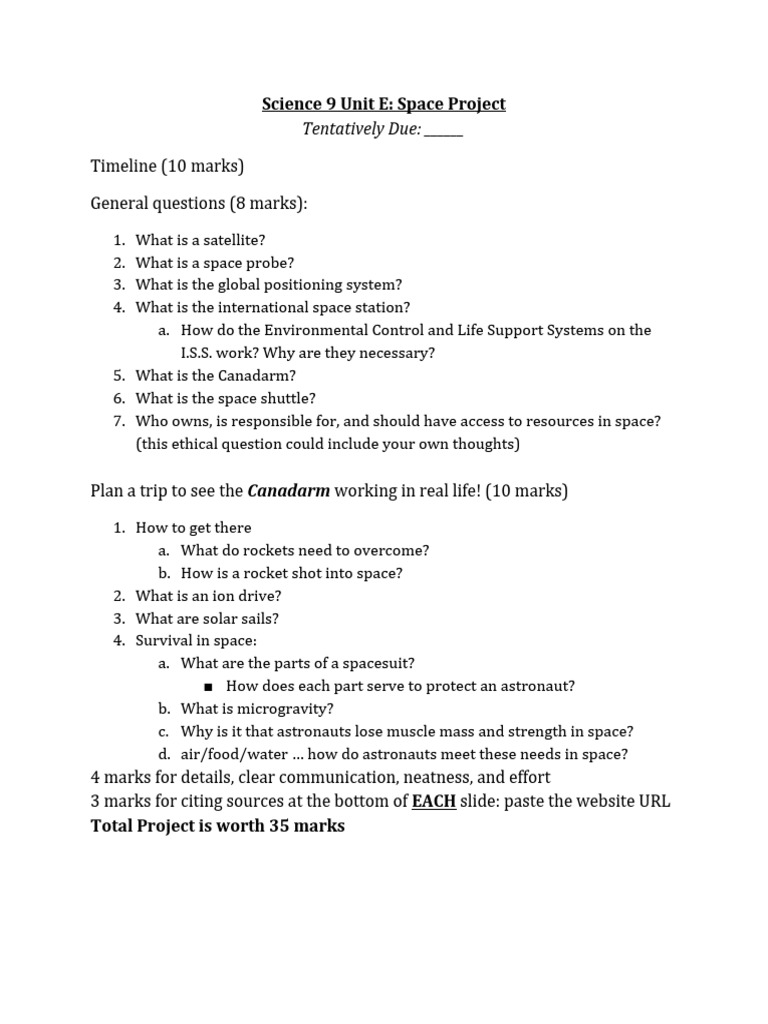 Science 9 Unit E: Space Project: Tentatively Due | PDF | Satellite ...
