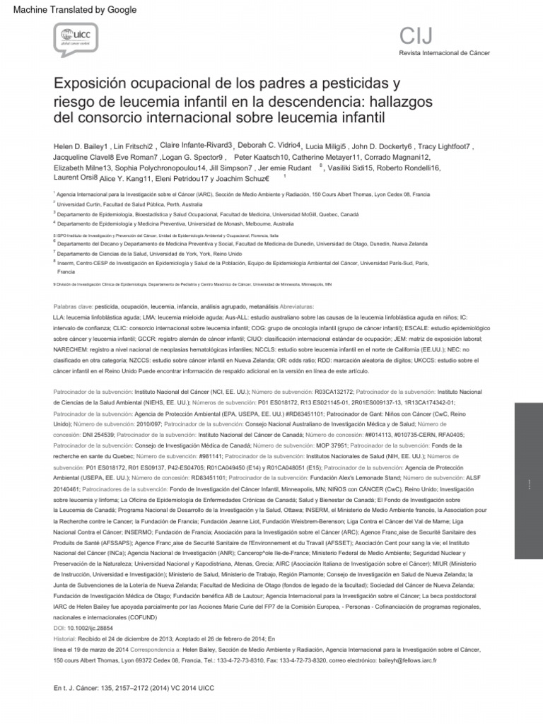 Intl Journal of Cancer - 2014 - Bailey - Parental Occupational Pesticide Exposure and The Risk ...
