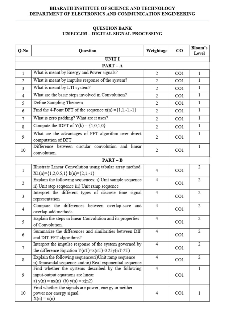 U20ECCJ03 DSP Question Bank (June 2023) (Updated) | PDF | Low Pass Filter | Discrete Fourier ...